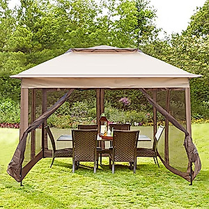 LONABR 11'X11' Pop Up Gazebo with Mosquito Netting Canopy Tent with Sidewalls, Outdoor Canopy Tent for Patio Backyard Garden, Brown