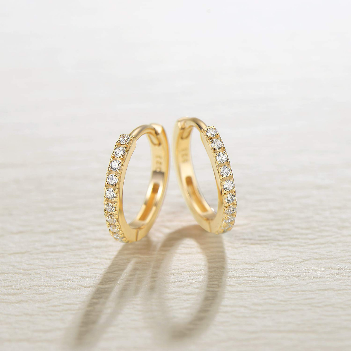 Carleen Gold Hoop Earrings 14K Gold Plated 925 Sterling Silver Hoop Earrings Round Cut Cubic Zirconia CZ Simulated Diamond Small Hinged Cartilage Earrings for Women Valentines Day Gift, 13mm