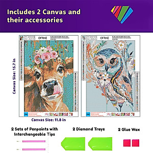 2-Piece Diamond Painting Kitsfor Adults, 5D DlYFull Drill Round Art Gems Owland Cow Diamond Art Perfect for Home Wall Deco Diamond 12"x16"