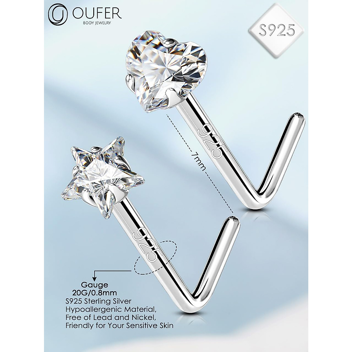 OUFER 925 Sterling Silver Nose Studs, L Shaped Nose Rings Studs, 20G Nostril Solid 3mm Star CZ Nose Piercing Jewelry, Nose Studs For Women Men (L - 3mm Star)