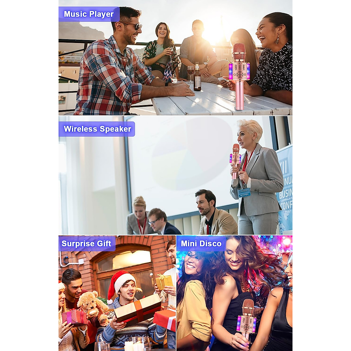 BONAOK Microphone for Kids Wireless, Magic Sound Karaoke Wireless Microphone, 4 in 1 Bluetooth Karaoke Machine, Adult Car Karaoke Mic Singing Machine, for Party/Outdoor/Travel 868 (Rose Gold Plus)