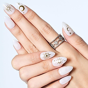 GLAMERMAID White Press On Nails Short Almond, 3D Gothic Handmade Soft Jelly Gel Fake Nails with Golden Star Blossom Design, Round Oval Stick Glue on Nail Kit for Women, Reusable Acrylic False Nail Set