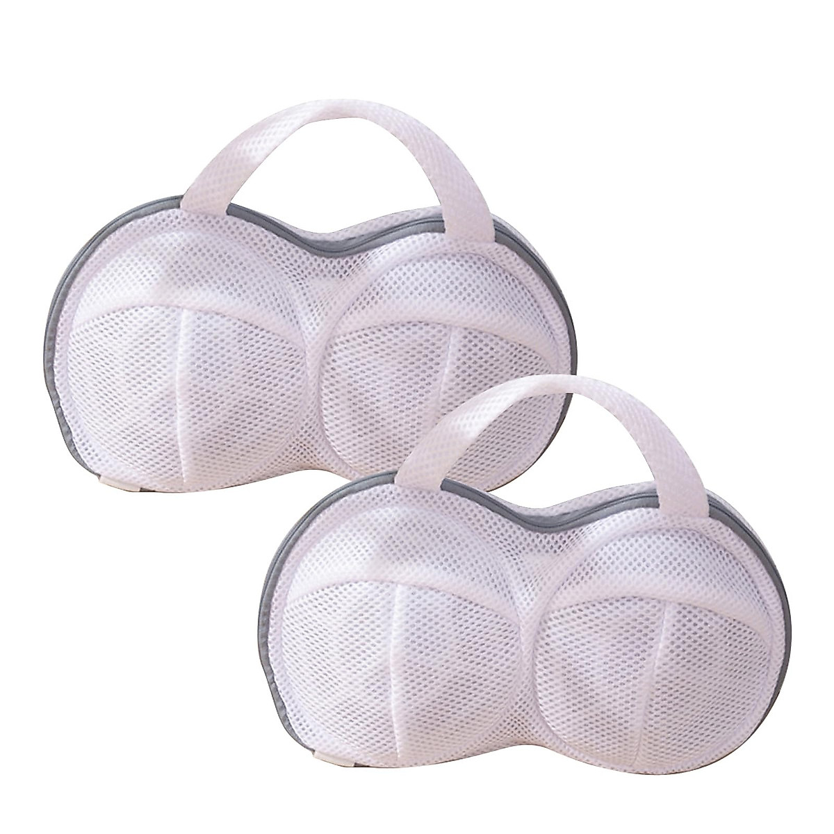 2 Pack Large Bra Washing Bags for Laundry, 3D Protective Bracket Mesh Bra Laundry Bags for Washing Machine Brassiere Wash Bags with Handle and Zipper for Delicates Lingerie A to C Cups (Grey)