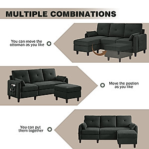 Tornama Convertible Sectional Sofa Couch 3 Seat L Shaped Sofa with Pillows, 77" Linen Fabric Small Couch with Reversible Chaise and Side Pockets for Living Room, Apartment and Office, Black