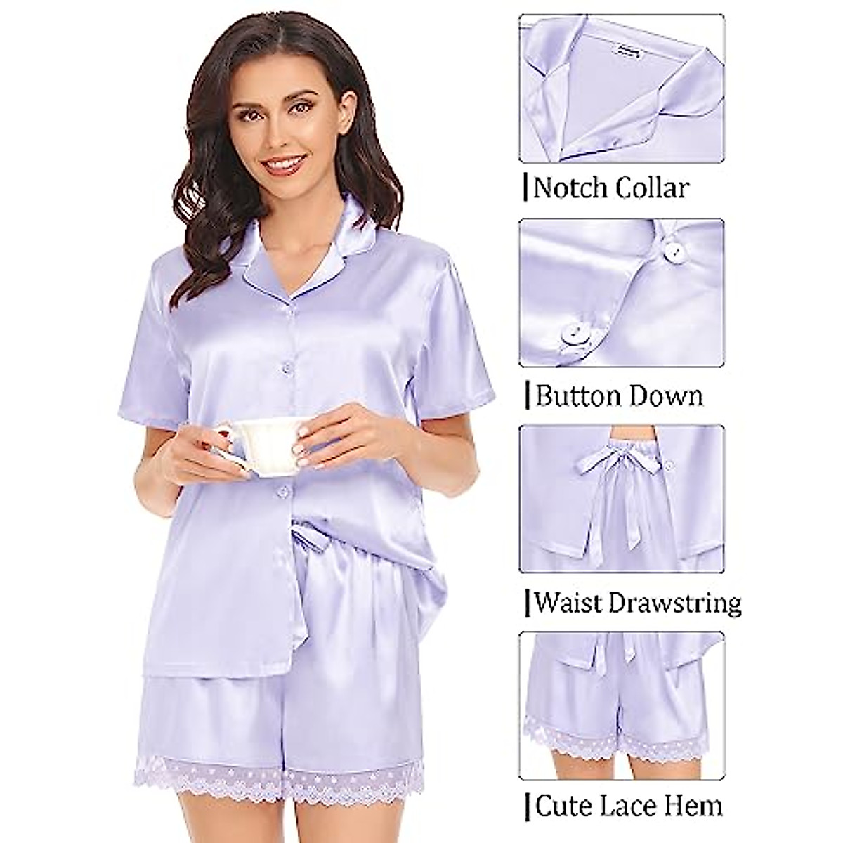 SWOMOG Womens Silky Satin Pajamas for Bridesmaid Short Sleeve Top with Short Sleeve Sleepwear Pj Set 2 Piece Loungwear