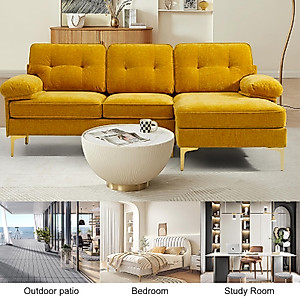 EASELAND 83" L Shaped Convertible Couch, Chenille Couch Sectionals for Living Room, 3-Seat Comfy Lounge Sofa for Bedroom with Chaise, Sleeper Sofa Bed with Fluffy Armrests, Washable Cushion(Yellow)