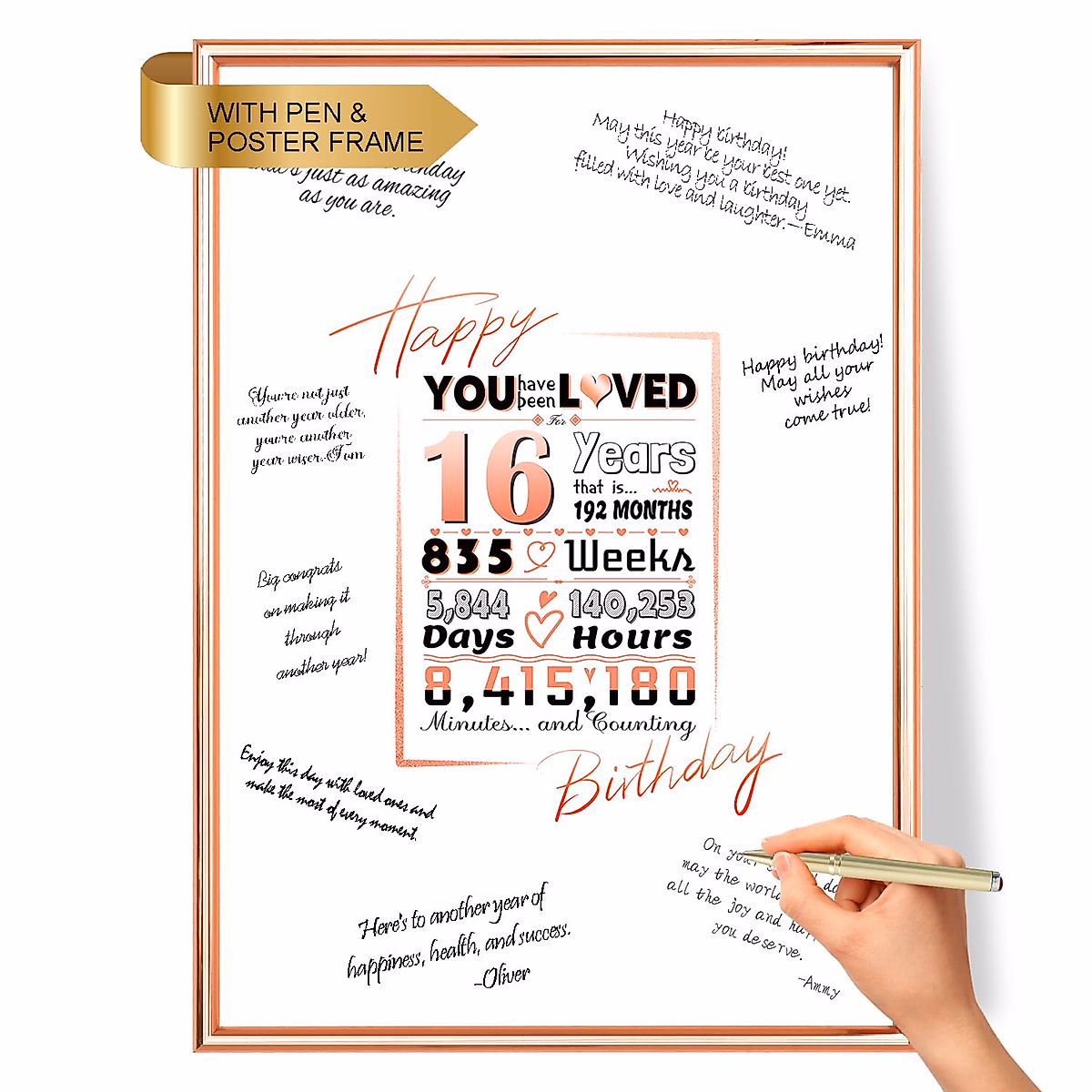 Vuzvuv 12x16 Framed Sweet 16th Birthday Party Decorations for Girl with Pen & Gold Rose Frame, Sweet 16 Party Decorations Signing Board Guest Book, Funny 16th Birthday Gifts for Girl Friend Daughter