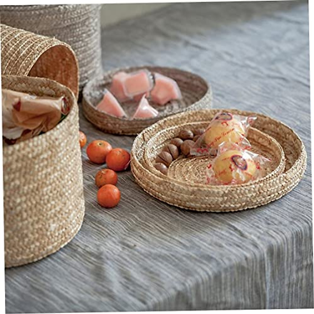 CurcKua 3pcs Straw Storage Baskets with Lid Woven Organizer Round Finishing Storage Box for Bedroom Living Room Laundry Snack