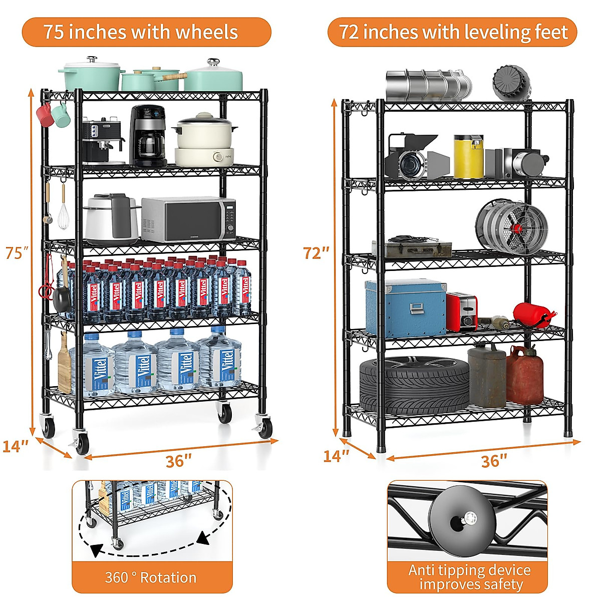 Hodonas Metal Shelving Unit with Wheels, 5-tier Wire Shelving with Adjustable Shelves for Storage, Freestanding Heavy Duty Metal Wire Storage Shelf Rack for Pantry Garage Kitchen, 36"W x 14"D x 75"H