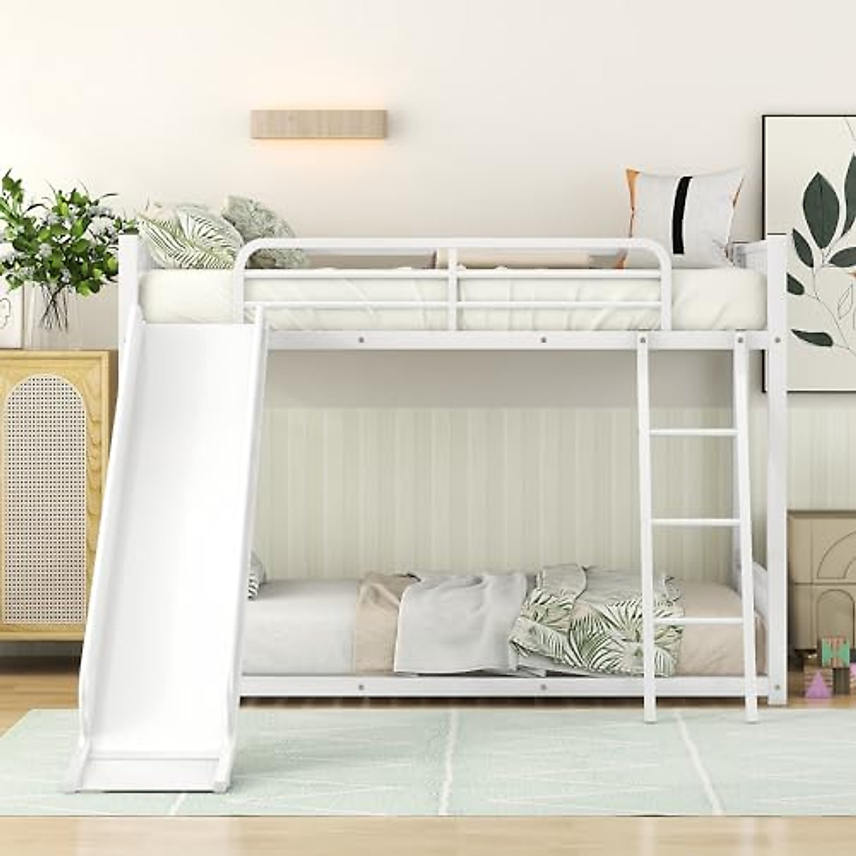BOVZA Twin Over Twin Low Bunk Bed with Slide, Metal Bunk Bed Frame with Metal Slats Support and Guardrails for Kids Boys Girls Teens, No Box Spring Needed, White