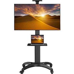 Perlegear Mobile TV Cart for 32-65, 70 inch Flat or Curved TVs up to 80 lbs, Rolling TV Stand with Media Shelf, Aluminum Height Adjustable Portable Floor TV Stand Wheels Max VESA 600x400mm, PGTVMC11