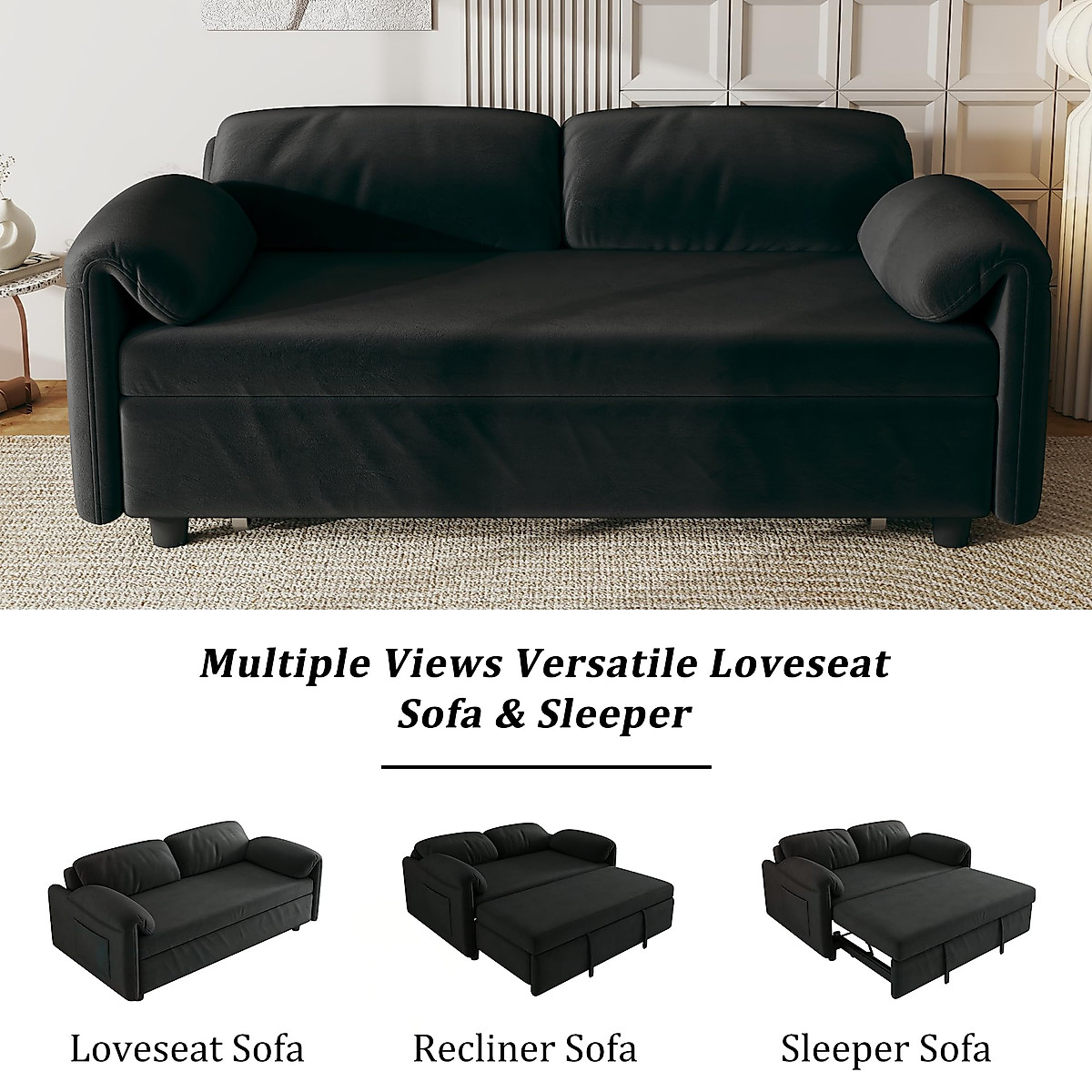 ARCLIS Pull Out Sofa Bed, 53'' Loveseat Sleeper, 3-in-1 Velvet Sleeper Sofa, Convertible Sofa Bed with Adjustable Backrest, Sleeper Couch for Living Room Bedroom Small Space (Black)