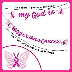 VorkiVecKi Breast Cancer Awareness Decorations - Survivor Party Banner Supplies 2Pcs My God is Bigger Than Cancer Garland Banners Decoration Hanging Ceiling Inspiration Decor for Women