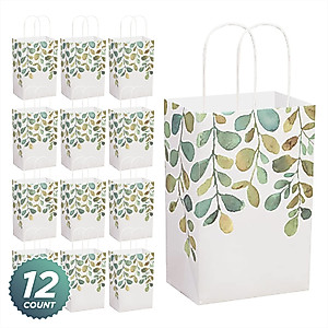 HOME & HOOPLA Spring Greenery Watercolor Green Leaf Paper Gift Bags and Party Favor Bags, 5.25"x3.5"x8.25" (12 Pack)