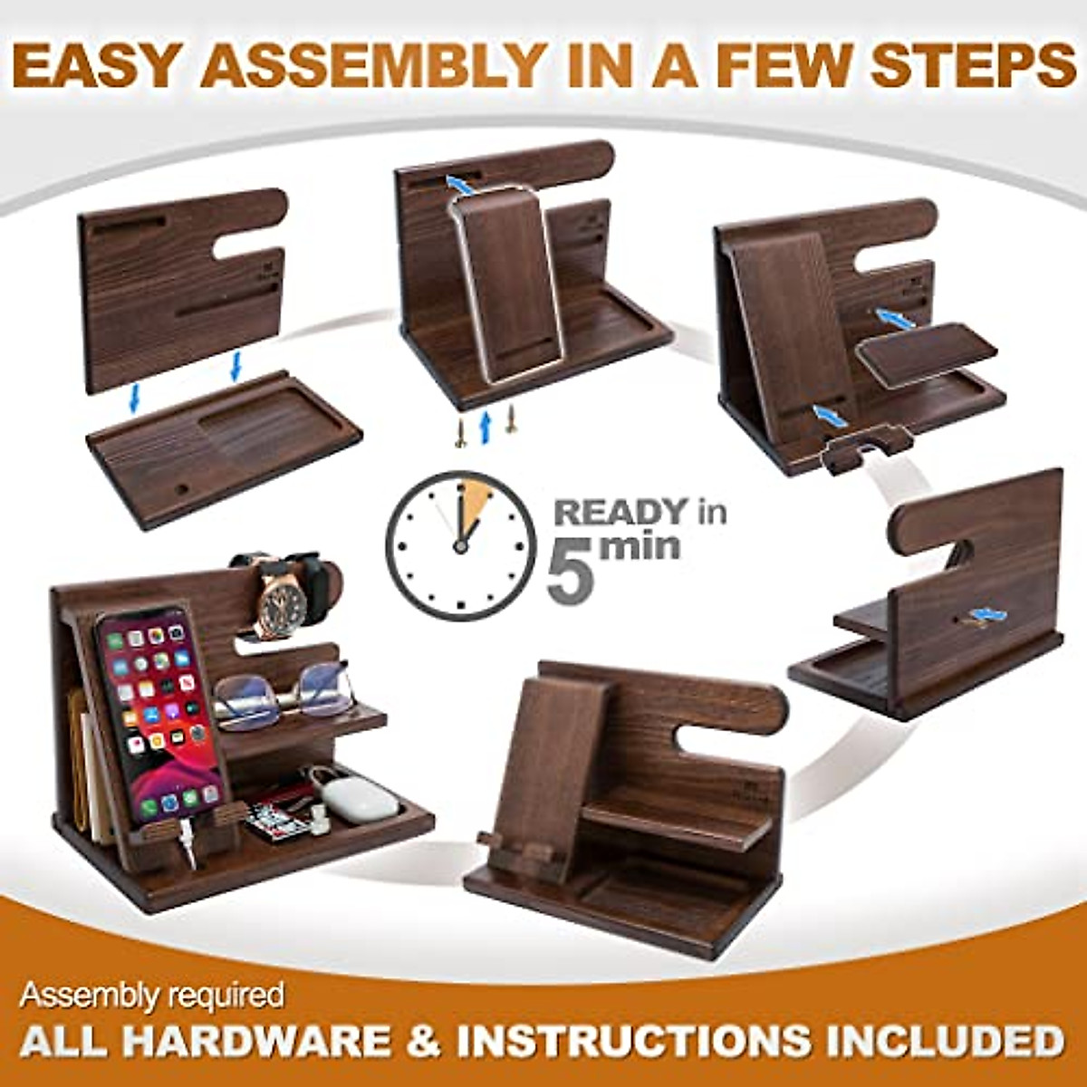 TESLYAR Wood Phone Docking Station Ash Key Holder Wallet Stand Watch Organizer Men Gift Husband Wife Anniversary Dad Birthday Nightstand Purse Father Graduation Male Travel Idea Gadgets… (Deep Brown)