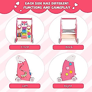 NUKied Wooden Baby Walker Baby Push Walker with Multiple Entertainment Activity Center, Sit-to-Stand Learning Baby Walkers for 9M+ Boys Girls Infants