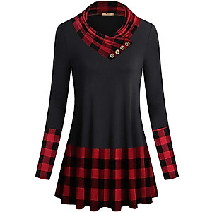 Miusey Tunics for Womens to Wear with Leggings,Female Vintage Black and Red Plaid Shirts Long Sleeve Color Block Clothing Comfy Flow Pleated Dress Tops Cute Christmas Outdoor Red M