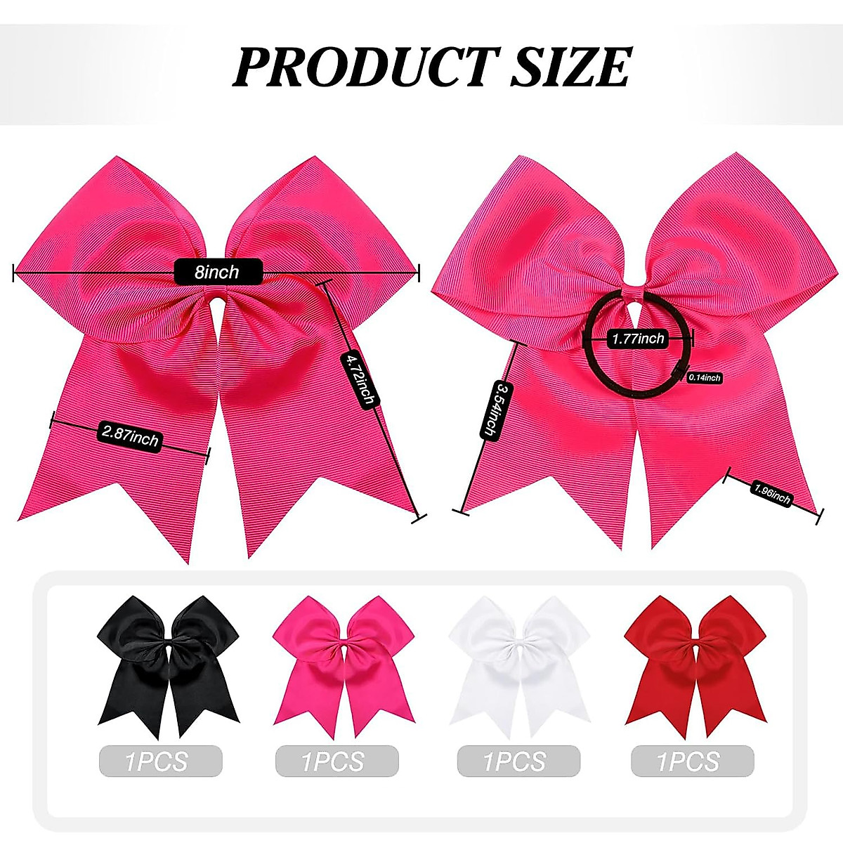 TUUXI 4pcs Large Cheer Hair Bows 8 Inch Grosgrain Ribbon Elastic Bands Ties Ponytail Holder for School College Sports Cheerleading Cheerleaders Bows Black Red Pink White