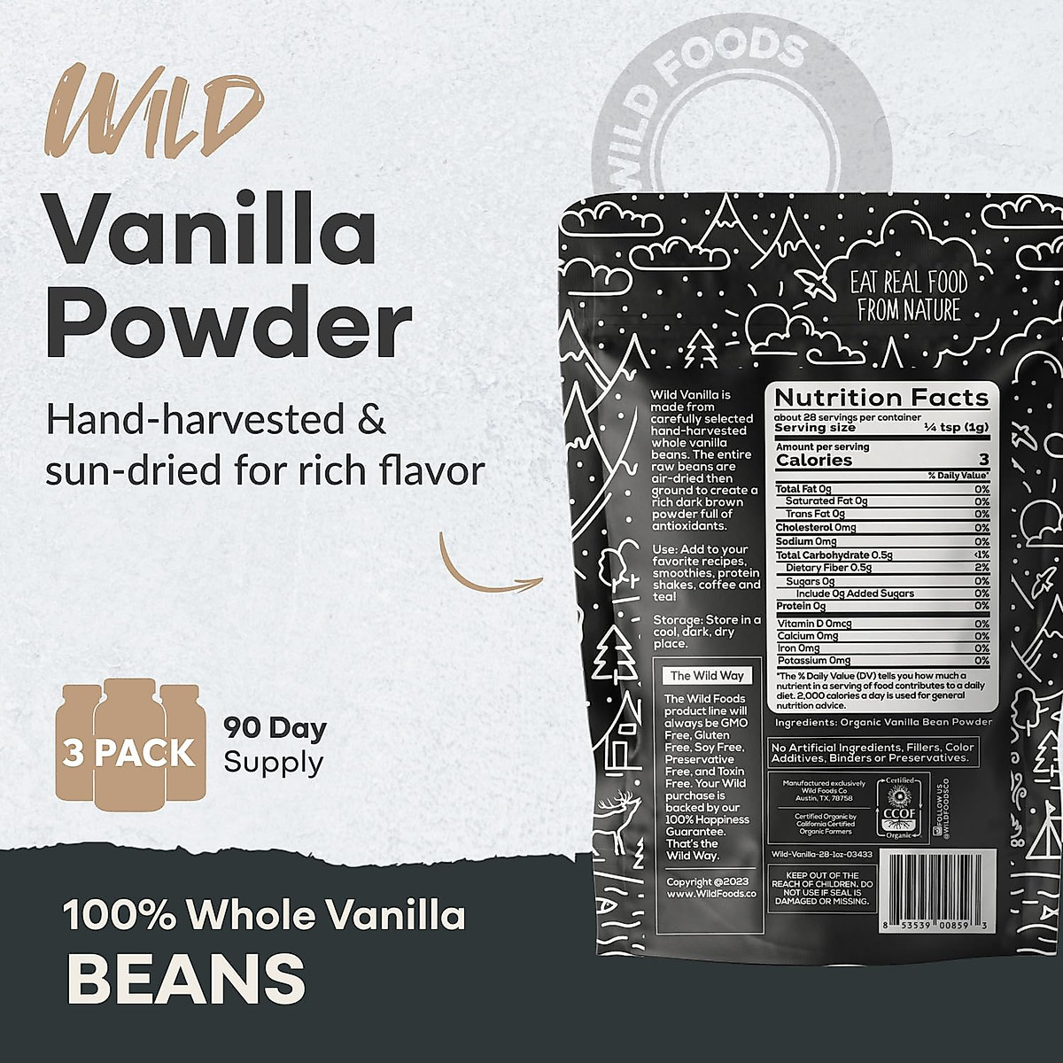 Wild Foods Organic Vanilla Bean Powder - All Natural Pure Vanilla from Madagascar - For Baking Cooking Coffee Flavoring & Smoothies - Unsweetened Gluten Free Non GMO Superfood (1 ounce)