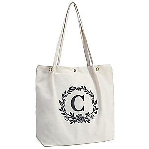 BeeGreen Flora Wreath Book Tote Bag w Inner Zipper Pocket Large Shopping Bag Magnetic Snap Closure for Wedding Birthday Beach Personalized Gift Women Teachers Friends Letter C