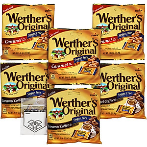 Werthers Sugar Free Hard Candy Variety Pack of 6 - 3 Bags Each Flavor - Original Hard Candy and Caramel Coffee - Individually Wrapped Sugar Free Candy - Bundle with Ballard Products Pocket Bag
