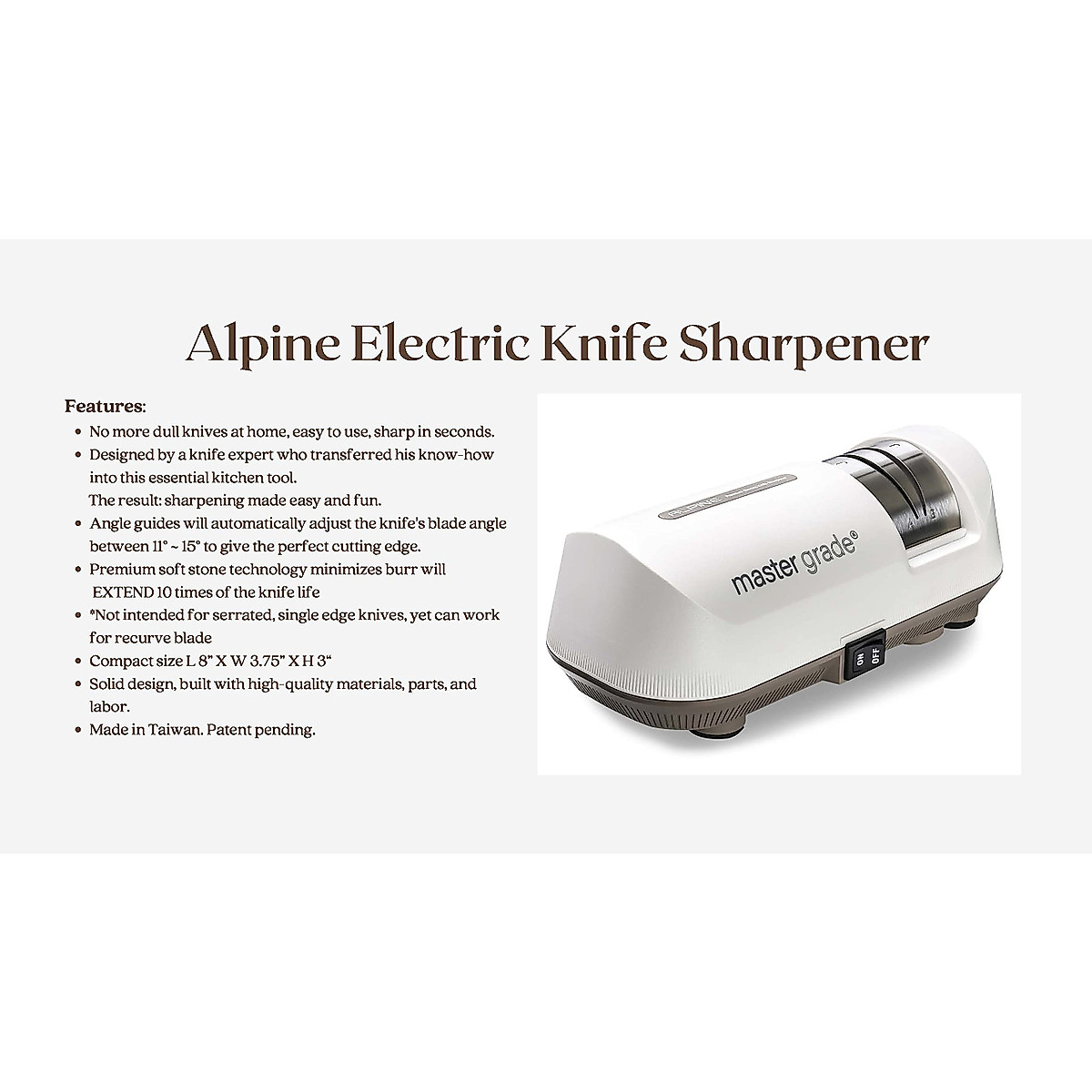 New 2021 Master Grade Alpine Electric Chef Knife Sharpener Sharpen Cleaver, Chef Knife, Small Pocket Knife Sharp. Beige color. Made in Taiwan