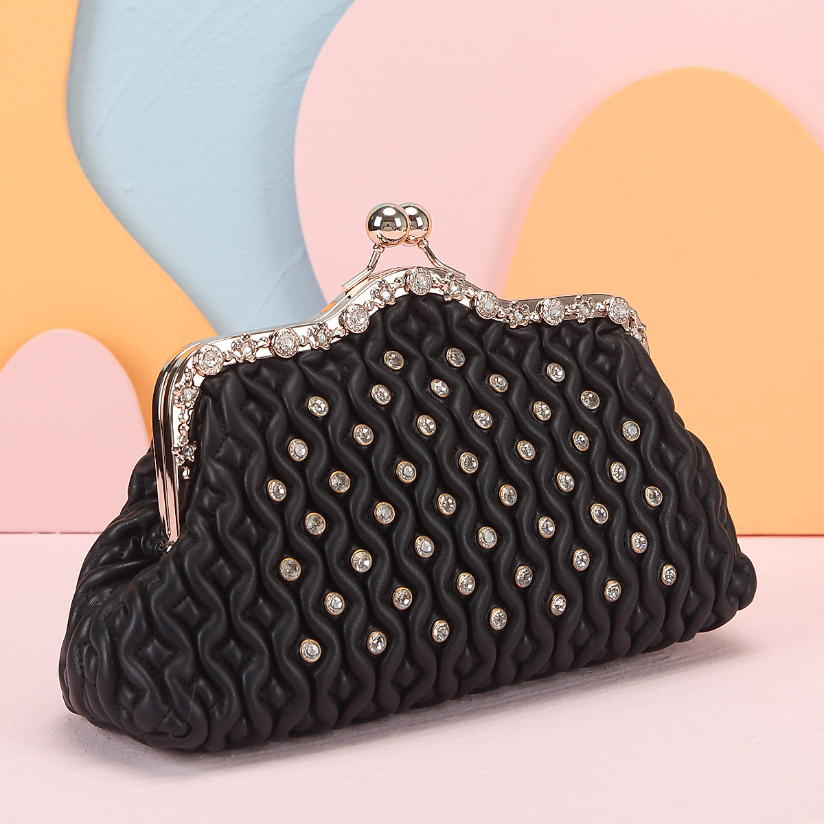 Fawziya Evening Clutch Purses For Women Formal Kiss Lock Crystal Leather Shoulder Bag-Black