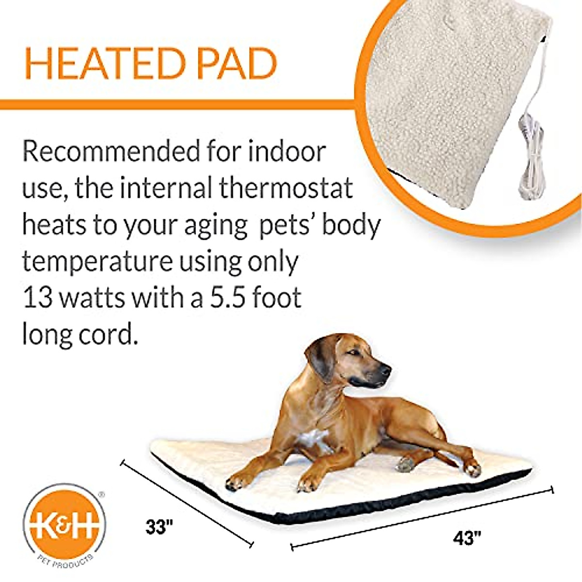 K&H Pet Products Ortho Thermo-Bed Heated Dog Bed Fleece X-Large 33 X 43 Inches