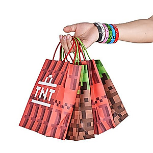 Gatherfun 16 Pack Pixel Miner Kraft Paper Gift Bags with Handle, 16 Pack Miner Crafting Style Silicone Bracelets for Mining Themed Party Video Game Party Birthday Party Decorations for Kids and Adults