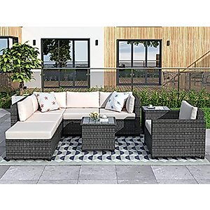Merax 8 Pieces Grey Rattan Patio Furniture Sets, Outdoor Wicker Sectional Seating Group with 2 Coffee Tables and 4.7'' Thick Beige Cushions