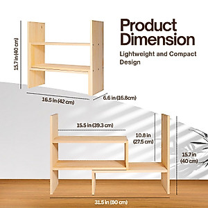 Flexzion Natural Wooden Desktop Shelf Wood Caddy Desk Organizer Set Office Storage Adjustable Expandable Tabletop Accessory Sorter Bookcase Display Stand Rack (Beige)