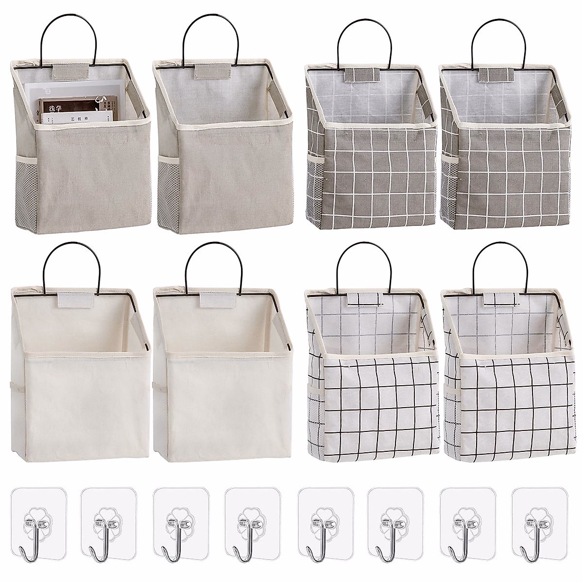 Voittozege 8 Pack Wall Hanging Storage Bag Waterproof Linen Cotton Hanging Storage Bags Wall Hanging Organizer bags with 10 Pieces Sticky Hooks for Bedroom Bathroom Kitchen