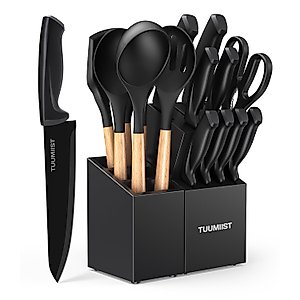 Knife Set, TUUMIIST 18PCS Kitchen Knife Sets with Block and Sharpener, Kitchen Utensils Set, Removable Utensil Holder (Black)-Precision Cutting, Effortless Sharpening, Convenient Organization