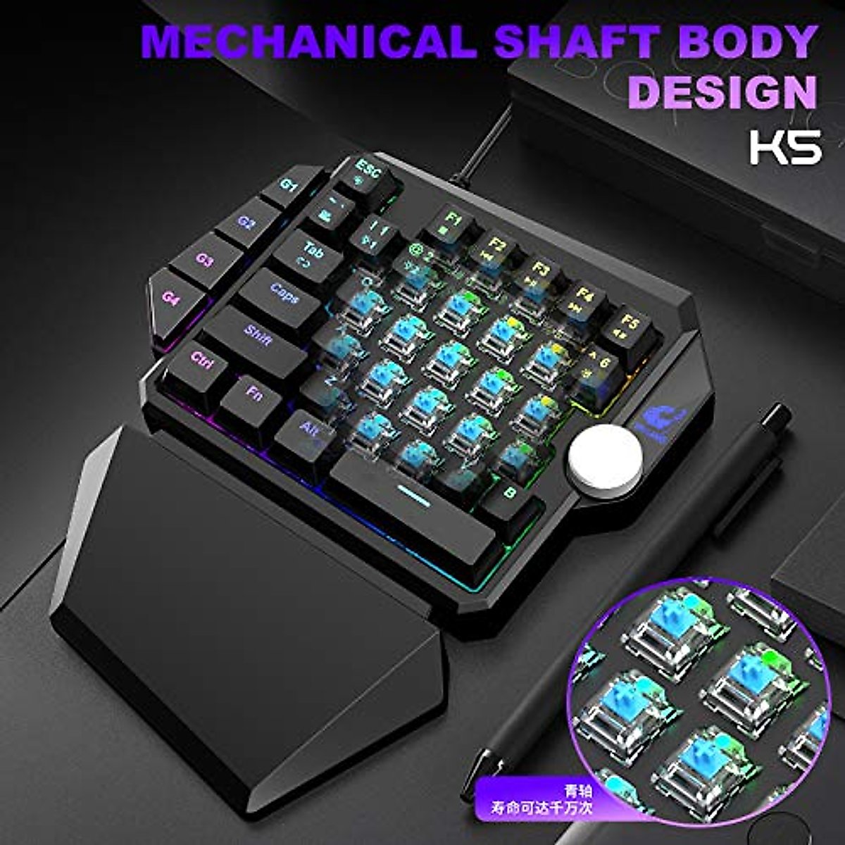 FELICON Portable one Handed Gaming Mechanical Keyboard and Mouse Combo, RGB Backlit Wired Gaming Left Handed and Up to 6400DPI Honeycomb Shell Mouse for PC Laptop Computer