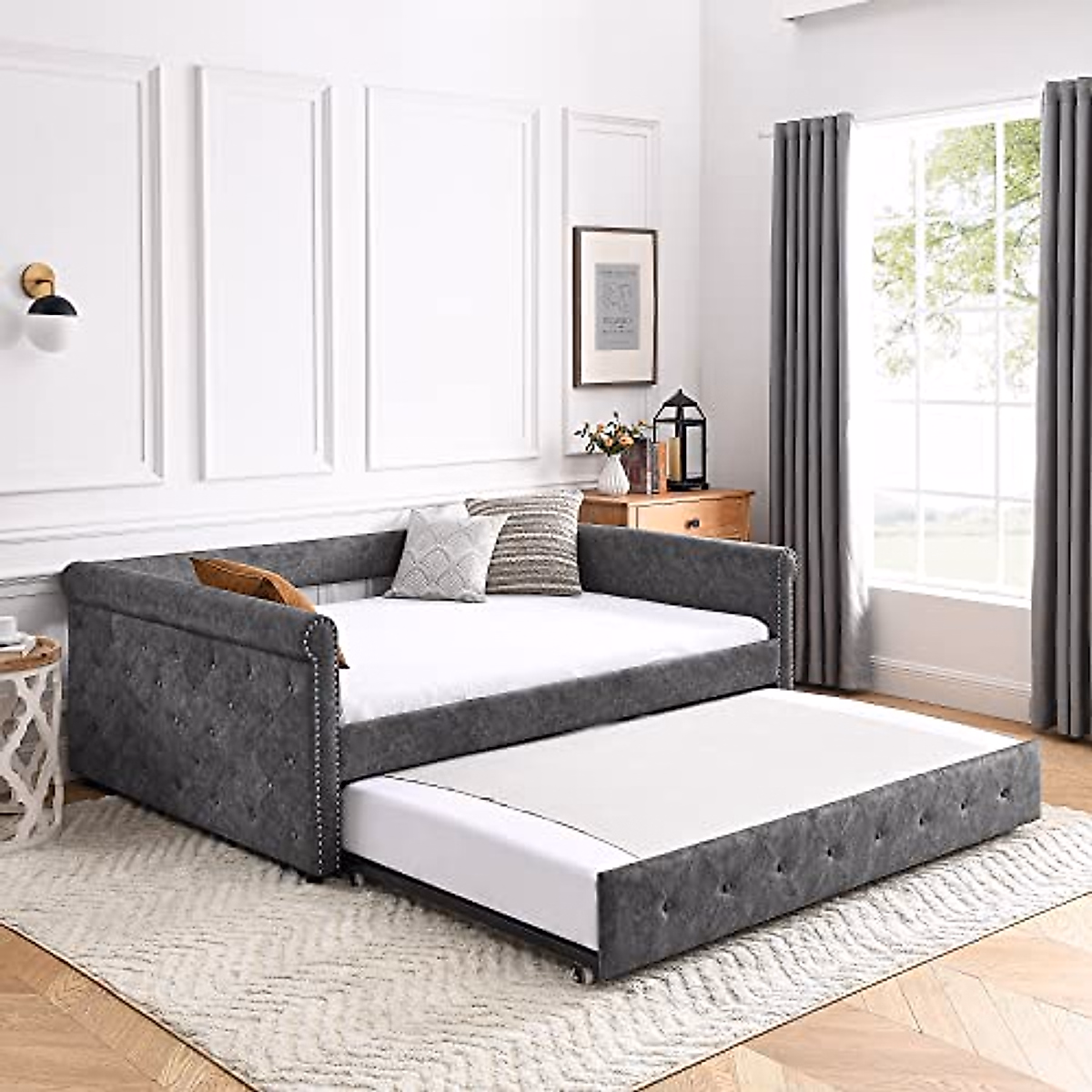 GLORHOME Full Daybed with Trundle Upholstered Tufted Sofa Bed with Button and Copper Nail on Arms,Gray