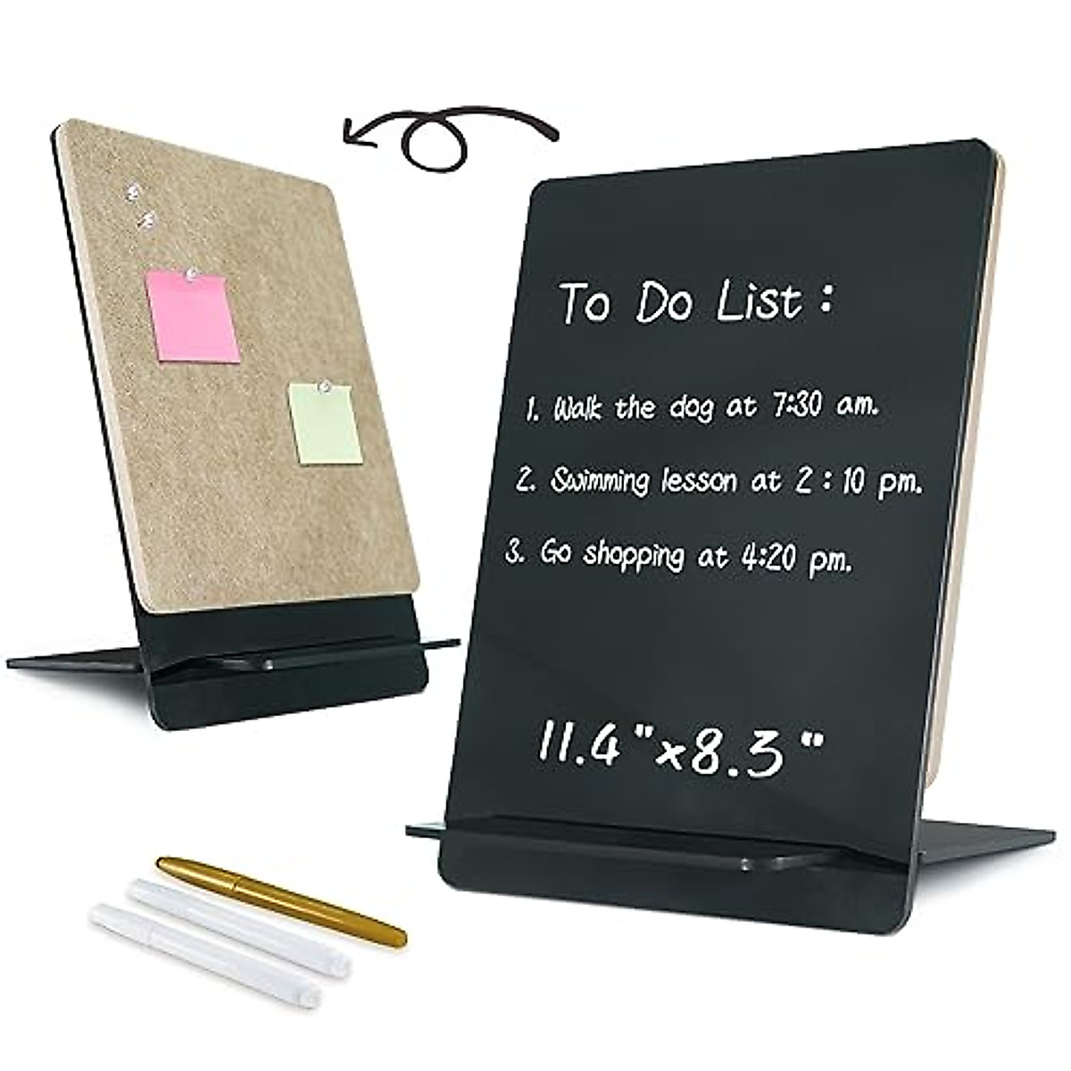 SHOOFFICE Acrylic Dry Erase Board & Felt Board Combo, 11.4'' x 8.3" Double-Sided Desktop Whiteboard with Stand, Small Frameless Black Message Board with 3 Markers and 20 Pins for Office Home School