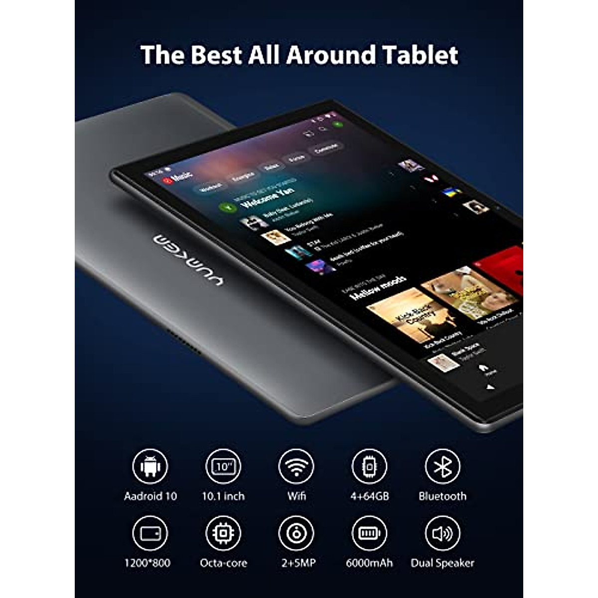 YUMKEM 10 inch Octa Core Tablet, 4GB RAM 64GB Storage, Android Tablet with Keyboard and Tablet Case, 10.1” IPS HD Display, Android OS, 6000 mAh Battery, Bluetooth, 5G Wi-Fi, GPS, FM, Dark Grey