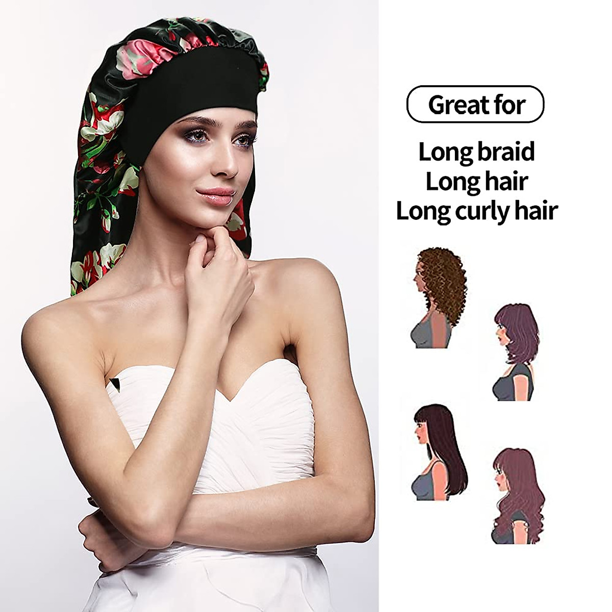 4 Pieces Satin Sleep Cap for Long Hair and Dreadlock, Extra Large 2 PCS Solid Color and 2 PCS Floral Pattern Sleeping Bonnet for Women
