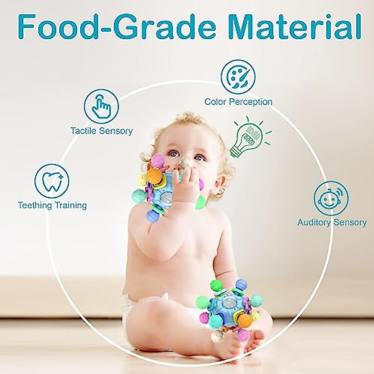 Baby Teething Teether Toys 6 to 12 Months: Teether Toys for Baby 6-12 Months | Baby Toys 0 to 6 Months Baby Teething Ball Toy 0-3 Month Rattle Sensory Infant Toys for 0-3-6-12 Months Baby (Blue)