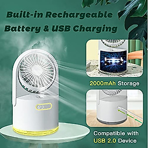 Desk Misting Fan Portable Table Fan with 300ML Large Water Tank and 7 Colorful Nightlights, Personal Fan with 3 Speed Strong Wind USB Rechargeable Cooling Mister Fan for Home, Office, Outdoor