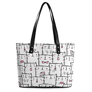 Womens Handbag Cats Doodles Pattern Leather Tote Bag Top Handle Satchel Bags For Lady