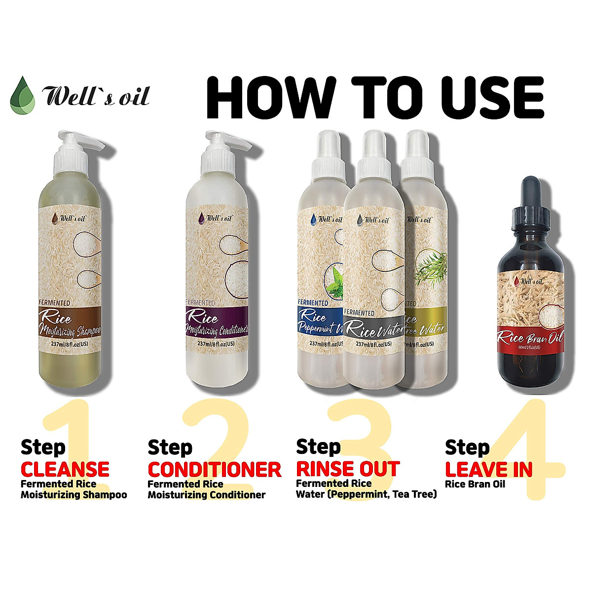 Well's Oil Fermented Rice Water Spray with Peppermint Oil (8 Fl Oz) - Leave in Conditioner for Softness and Shine | Supporting Hair Growth, Reducing Split Ends & Strengthening Hair and Scalp