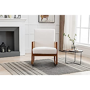 Lamerge Rattan Rocking Chair, Wooden Rocker Glider, Linen Upholstered Nursery Rocking Chair, Rattan Accent High Backrest Comfortable Glier Chair for Living Room, Bedroom, Nursery, Beige