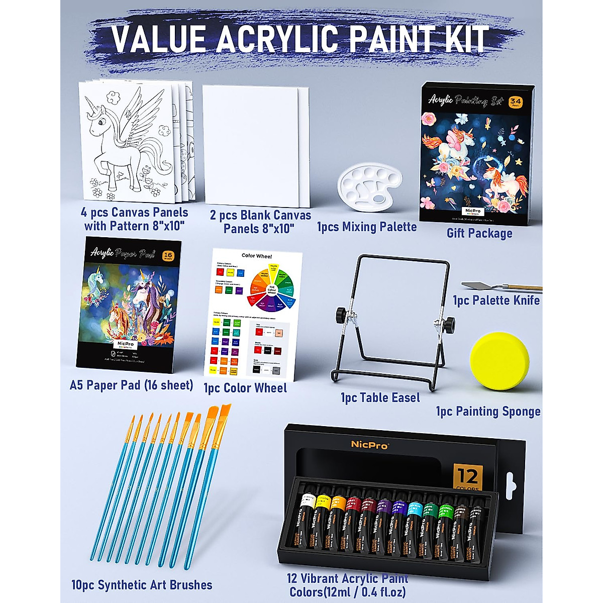 Nicpro 34PCS Kids Painting Set with Pattern Canvas, Art Painting Supplies Kit with 12 Acrylic Paints,10 Brushes,6 Canvas Panels,Table Easel,Paper Pad,Color Wheel,Palette for Beginner Student Toddlers