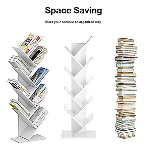 Function Home Tree Bookshelf, 9 Shelf Small Geometric Bookcase, Free Standing Book Shelves, Unique Wood Storage Rack for CDs/Books Utility Organizer Shelves for Living Room, Bedroom, Home Office,White