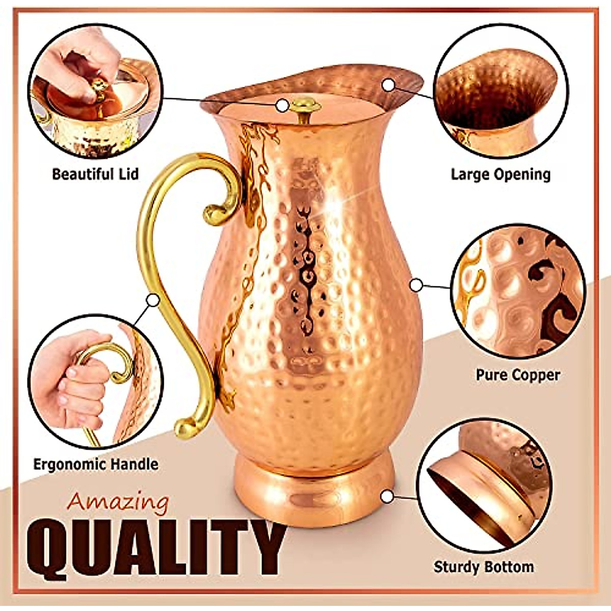 G GOODYGOODS Hammered Copper Water Pitcher, 70 fl oz. Handmade Hammered Copper Water Jug W/ Lid For Drinking & Homestyle Unique Gifts, 100% Heavy Duty Copper, No Inner Liner, Ayurveda Health Benefits.