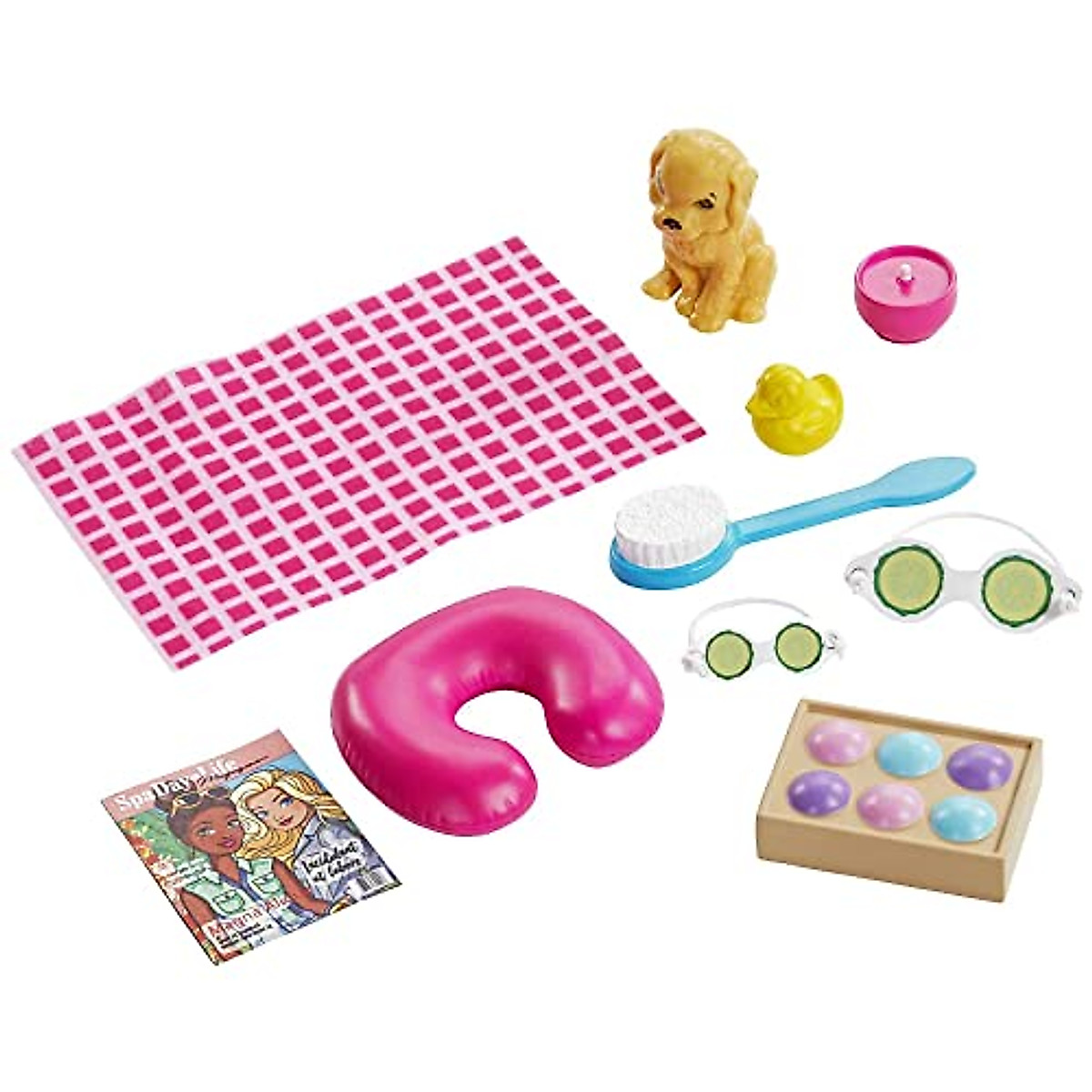 Barbie Spa Doll Toy Set with Puppy & 9 Accessories Including Neck Pillow, Rubber Duck & Cucumber Eye Masks, Blonde Doll