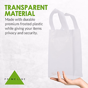 Prime Line Packaging Clear Gift Bags with Handles, Frosted Plastic Shopping Tote for Girls, Small Business, Boutiques, Retail, Bulk, 6x3x9 100 Pack