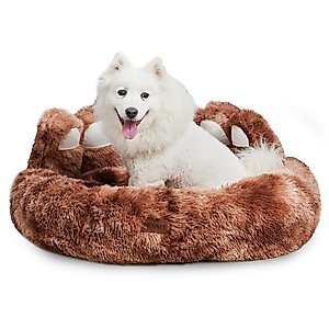 PETART Cute Dog Bed, Fluffy Cozy Bear Paw Shape Plush Round Cat Bed for Small, Medium Dogs & Large Cats,Comfortable Sleeping Puppy Cushion, Ideal for Indoor Use（Black&Coffee,18inch