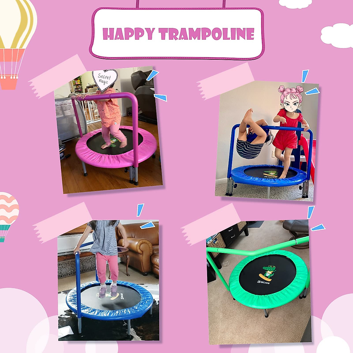 BCAN 36'' Mini Folding Ages 2 to 5 Toddler Trampoline with Handle for Kids, Two Ways to Assemble The Handle, Indoor/Garden Trampoline with Super Safe Padded Cover